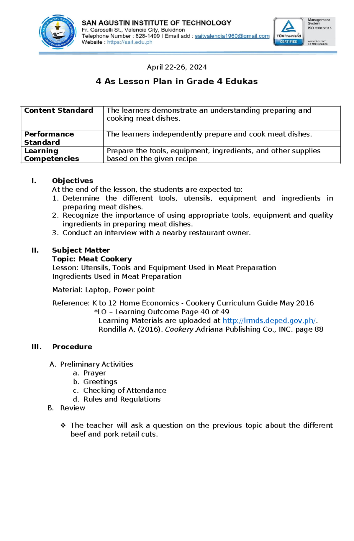 Conventional lesson plan 3&4 - Copy - April 22-26, 2024 4 As Lesson ...