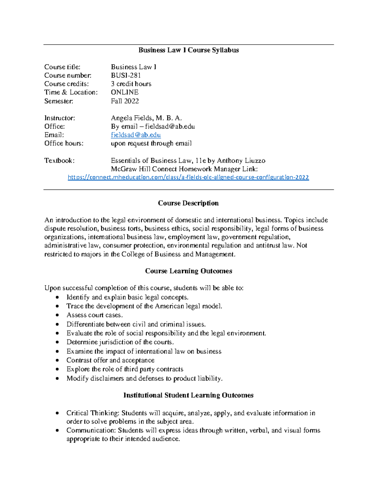 Business Law I Course Syllabus Fall 2022 a Fields - Business Law I ...