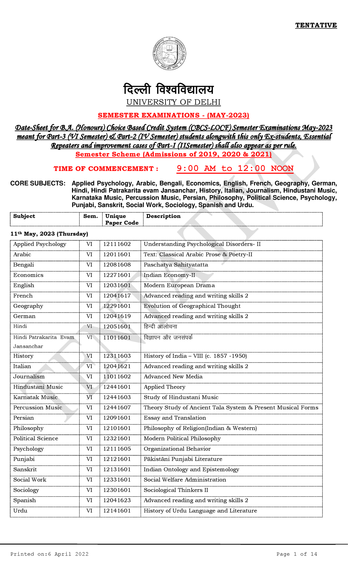 BA(H) 2023-SEM.-II-IV -VI (CBCS)-03-03-2023 - TENTATIVE fnYyh fo’ofo|ky ...