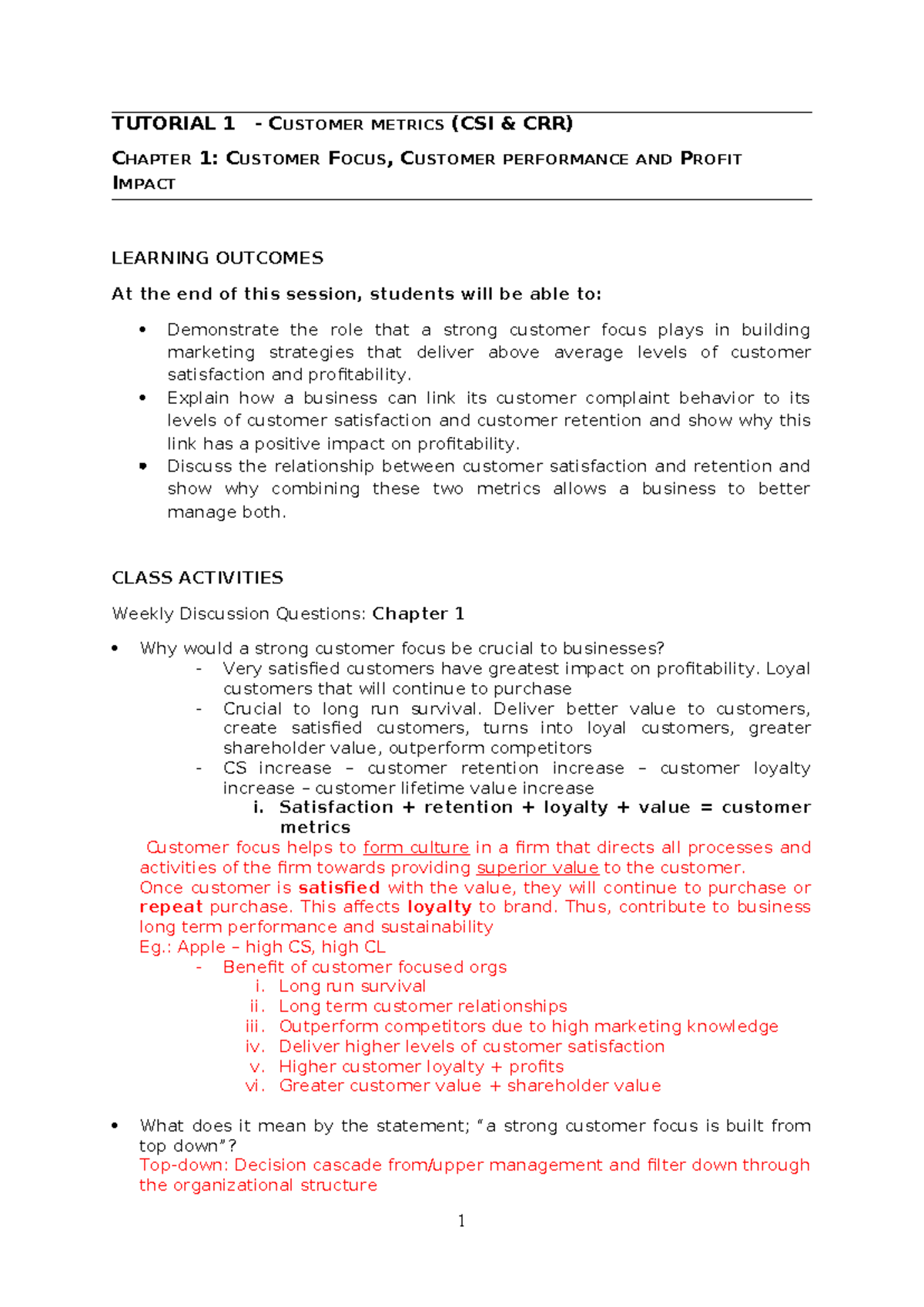 MA Tut 1 - CSI CSR - TUTORIAL 1 - CUSTOMER METRICS (CSI & CRR) CHAPTER ...
