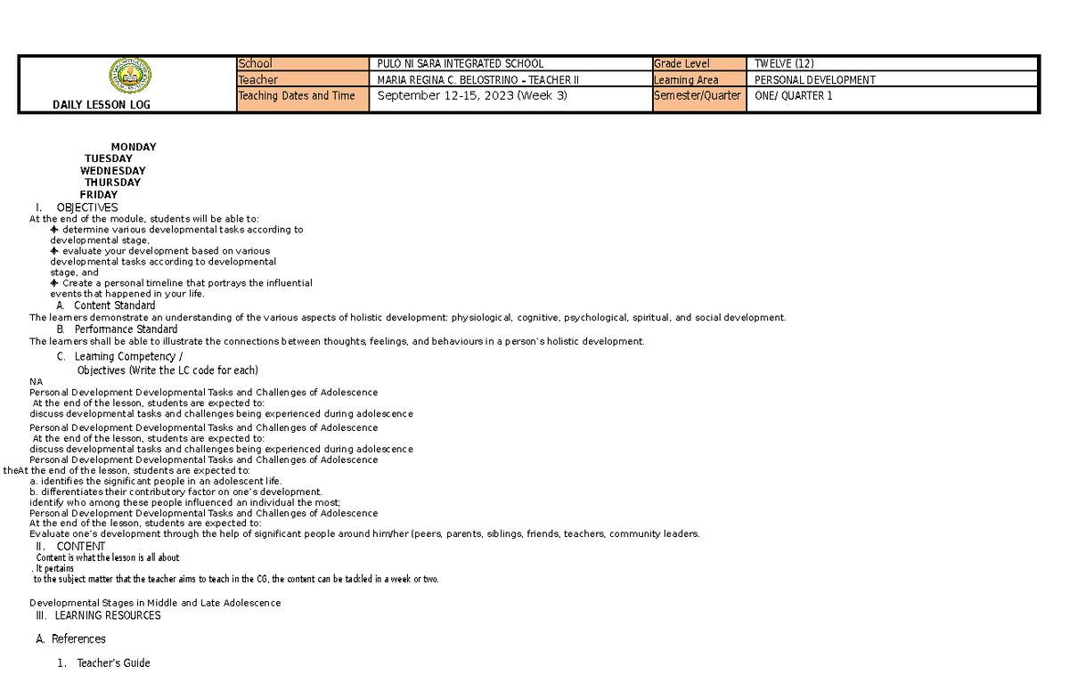 W3-PD-DLL-PPPPLLL - DAILY LESSON LOG School PULO NI SARA INTEGRATED ...