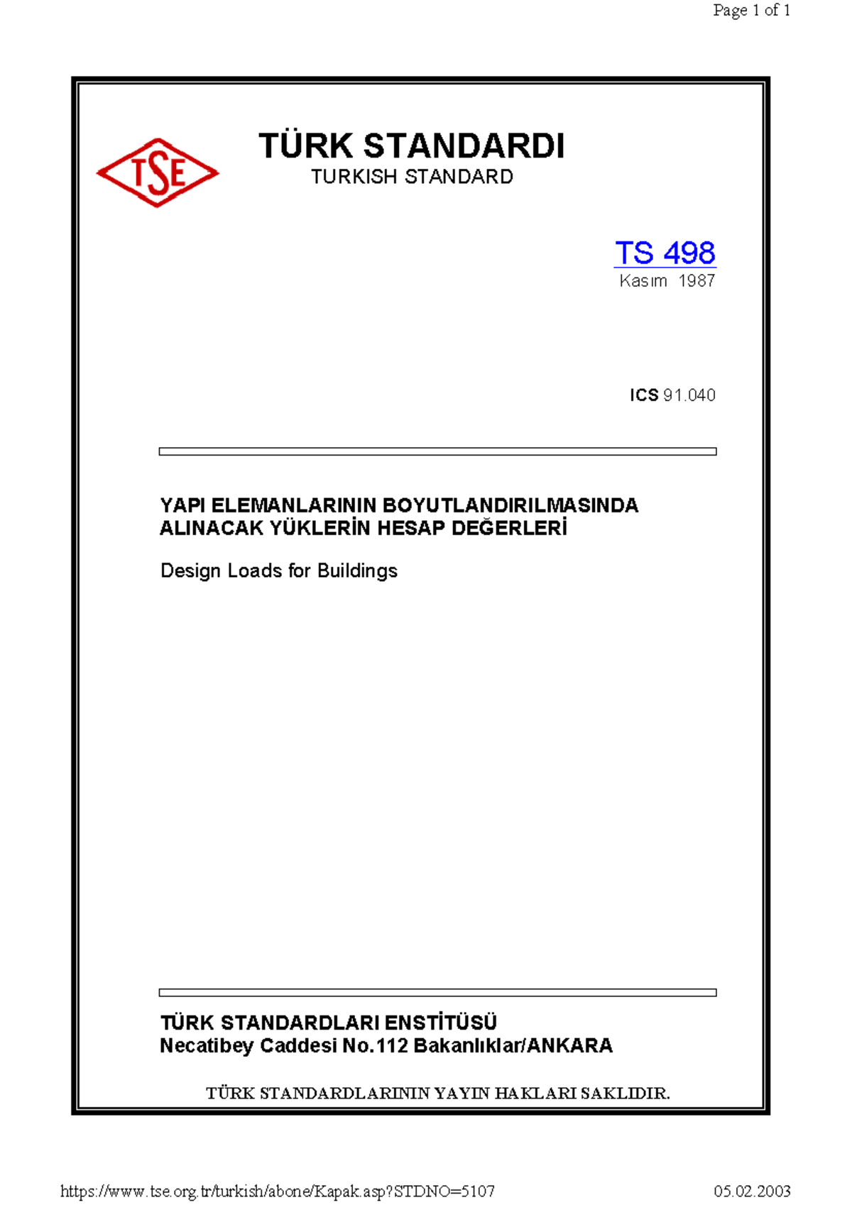 634693921 ts 498 yapı elemanı yük - Page 1 of 1 tse.org/turkish/abone/Kapak.asp?STDNO=5107 05 ...
