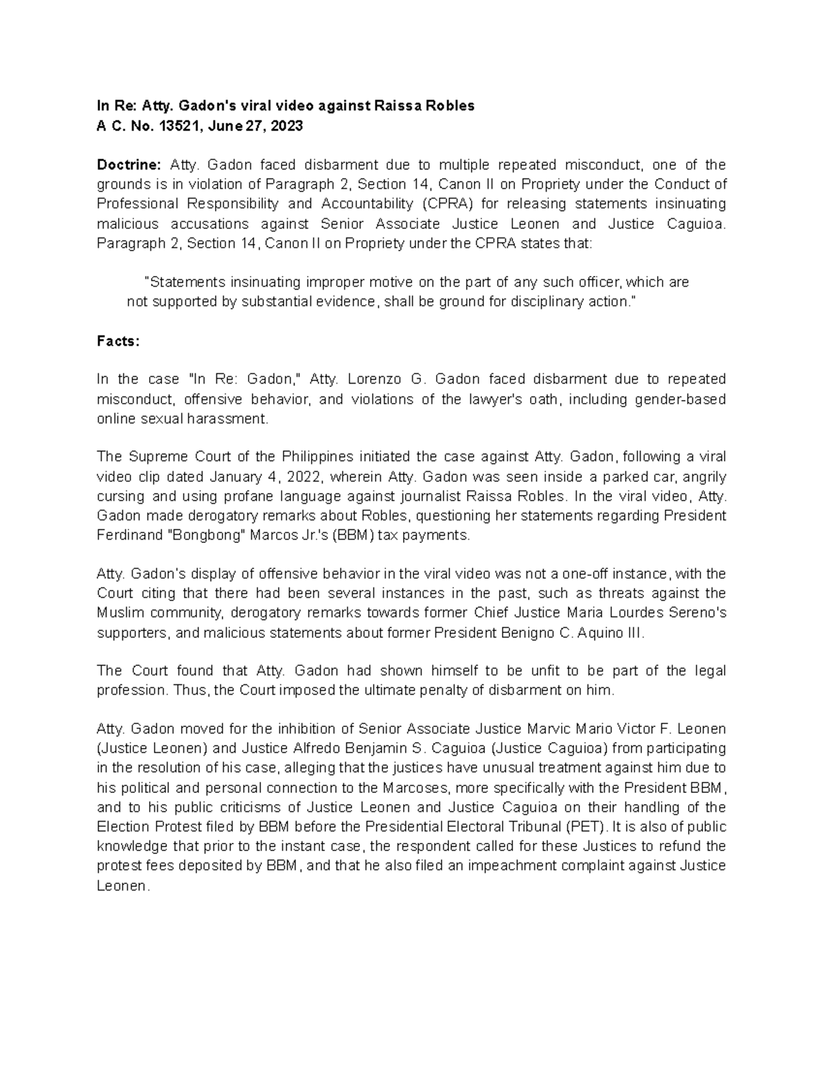 Case Digest - In Re Atty. Gadon's viral video against Raissa Robles ...