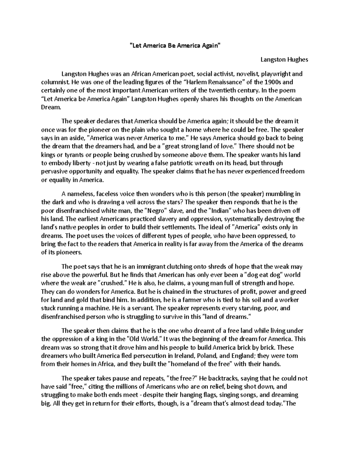 Let America Be America Again summary - "Let America Be America Again ...