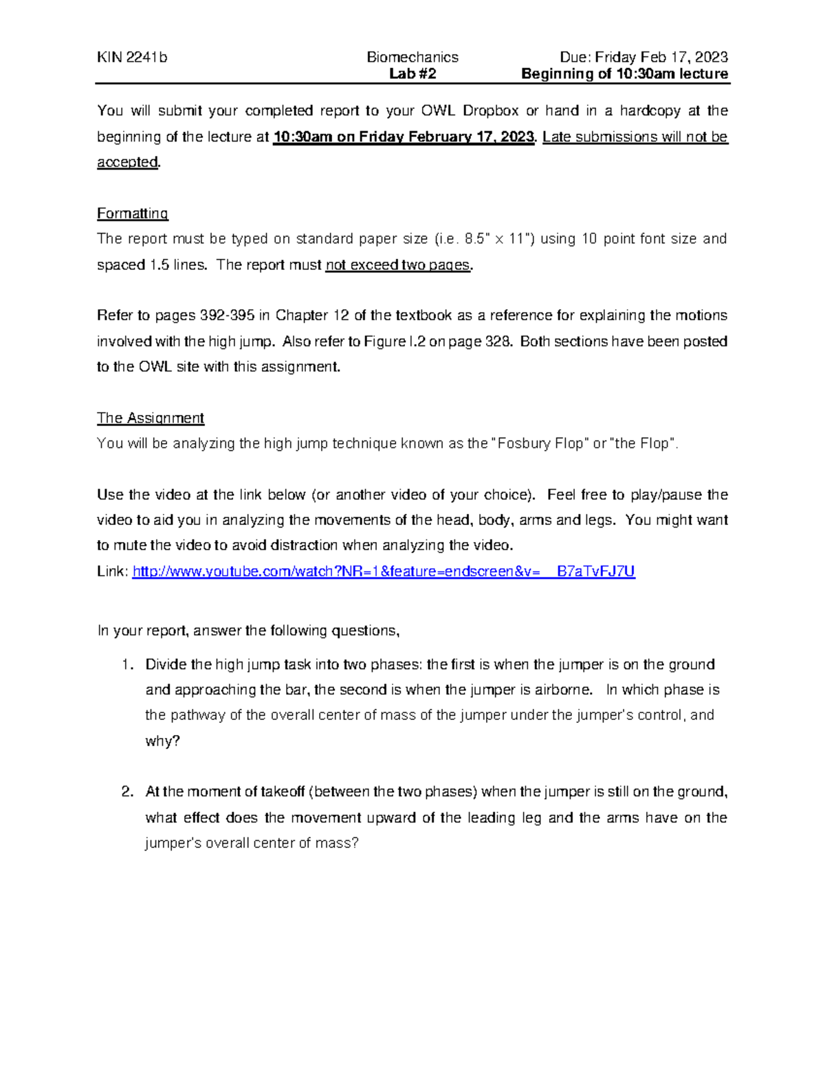 KIN 2241 a lab 2 - Lab - KIN 2241b Biomechanics Due: Friday Feb 17 ...