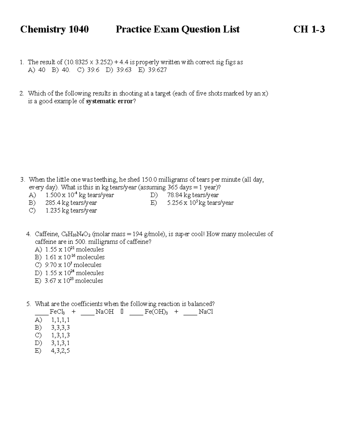 Exam 1 Practice Review-3 - Chemistry 1040 Practice Exam Question List ...