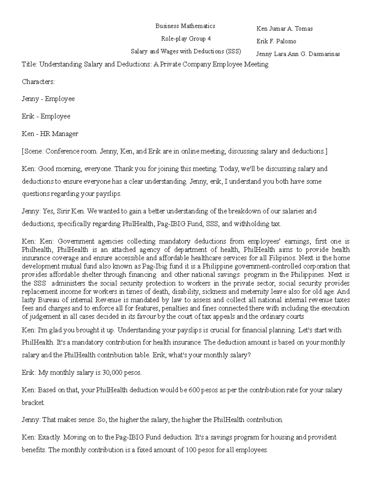 Business Mathematics Role Play Script - Business Mathematics Role-play ...