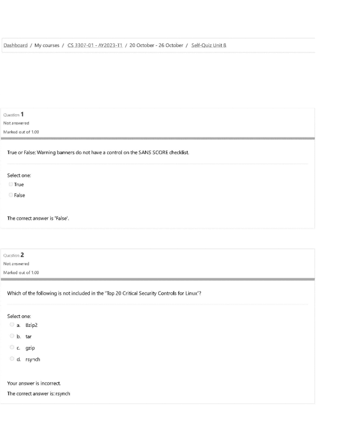 CS 3307 Self Quiz Week 8 - Self Quiz Week 8 - Dashboard My courses CS ...