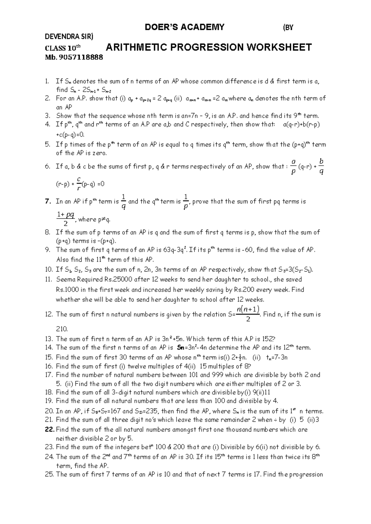 AP Worksheet - free - DOER’S ACADEMY (BY DEVENDRA SIR) CLASS 10th ...