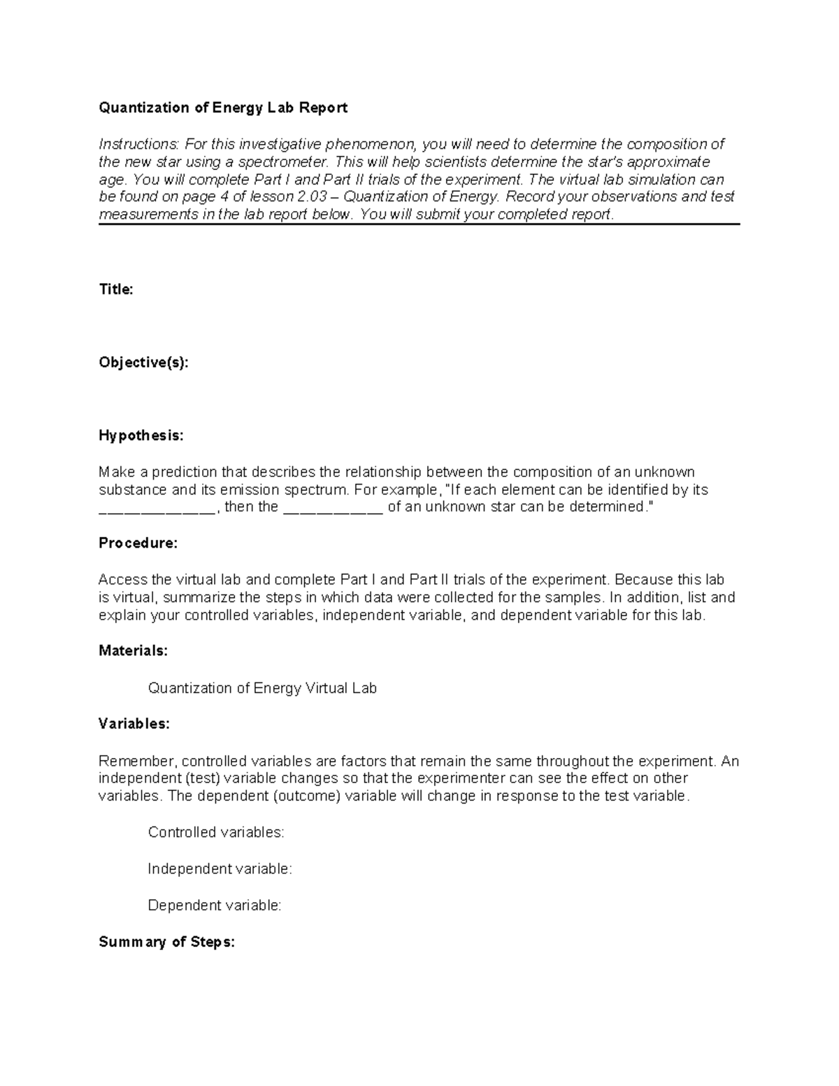 Quantization of Energy Virtual Lab Report - Quantization of Energy Lab ...