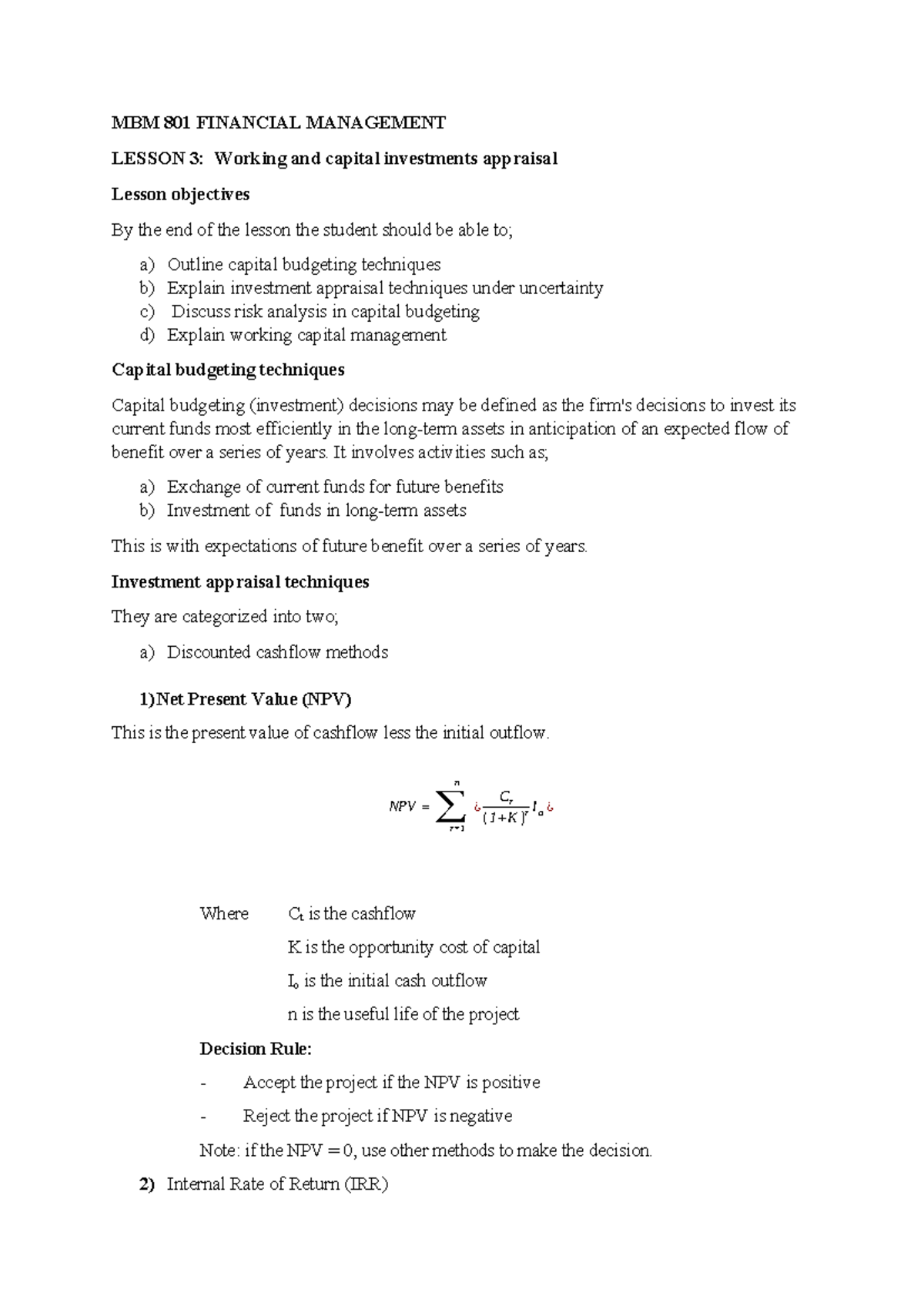 Capital Budgeting Decisions - MBM 801 FINANCIAL MANAGEMENT LESSON 3 ...