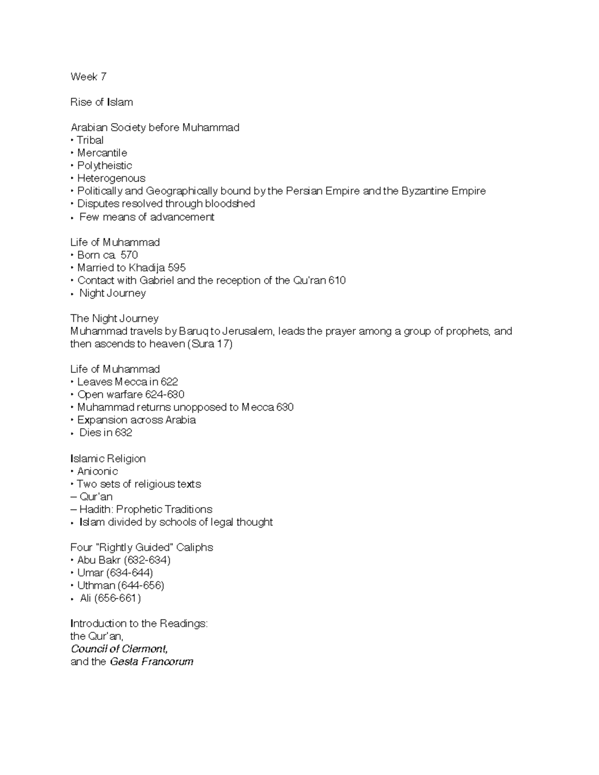 CH 201 Lecture Notes Pt 2 week 7 - Week 7 Rise of Islam Arabian Society ...