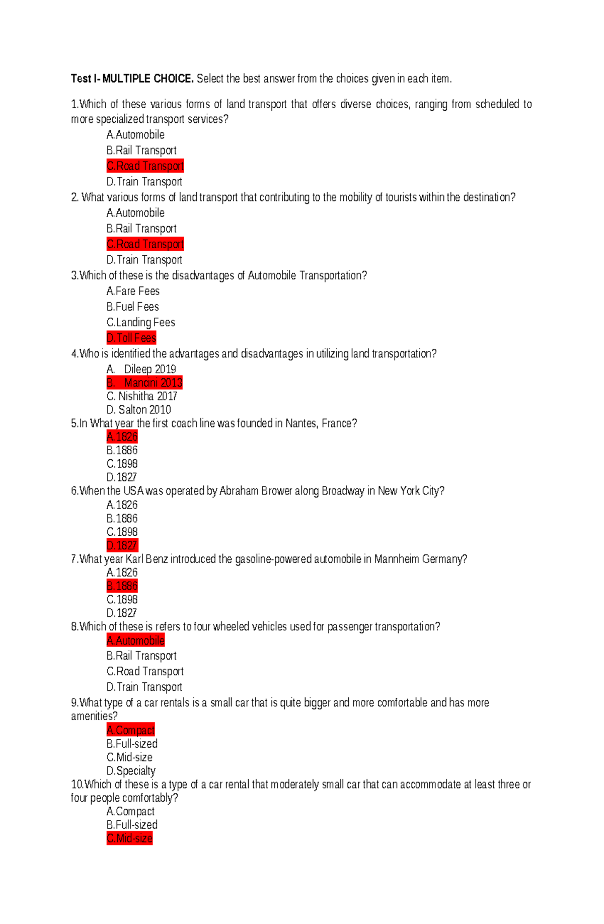 Hospitality Management - Test I- MULTIPLE CHOICE. Select the best ...