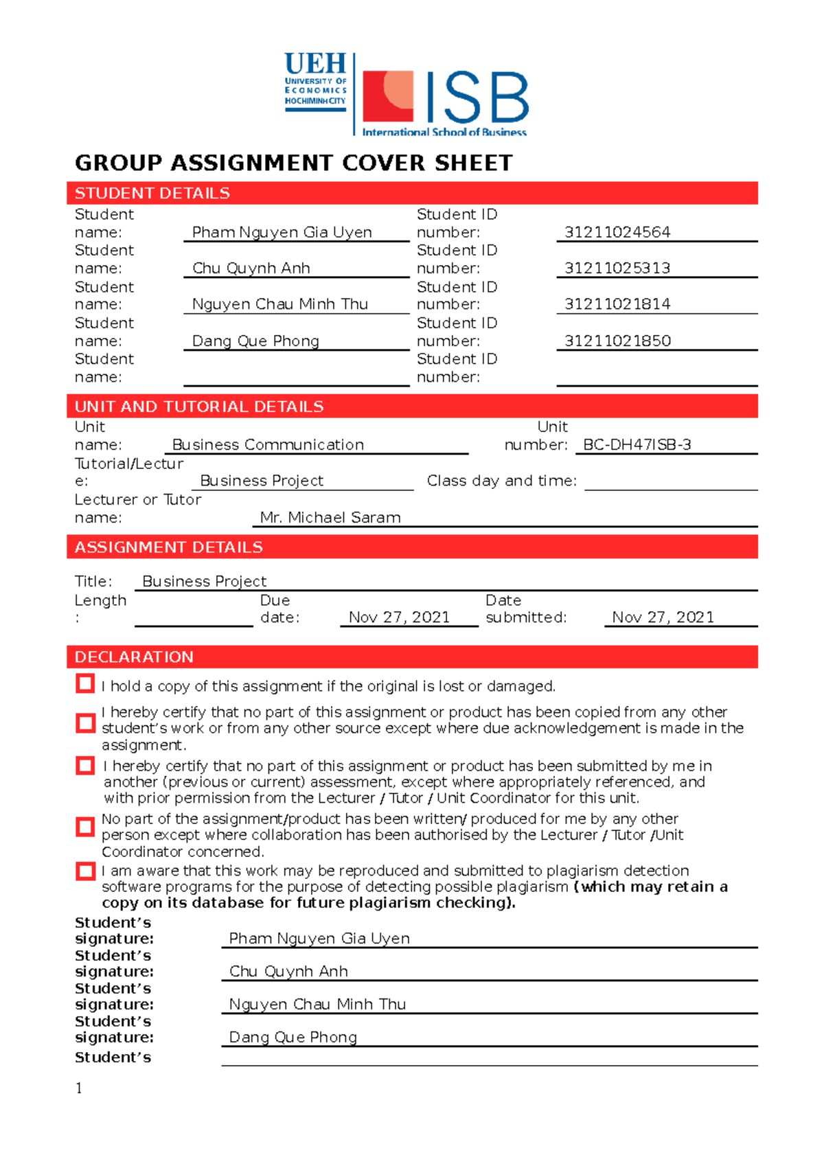 A3 Team10 BC3 - report - GROUP ASSIGNMENT COVER SHEET ####### STUDENT ...