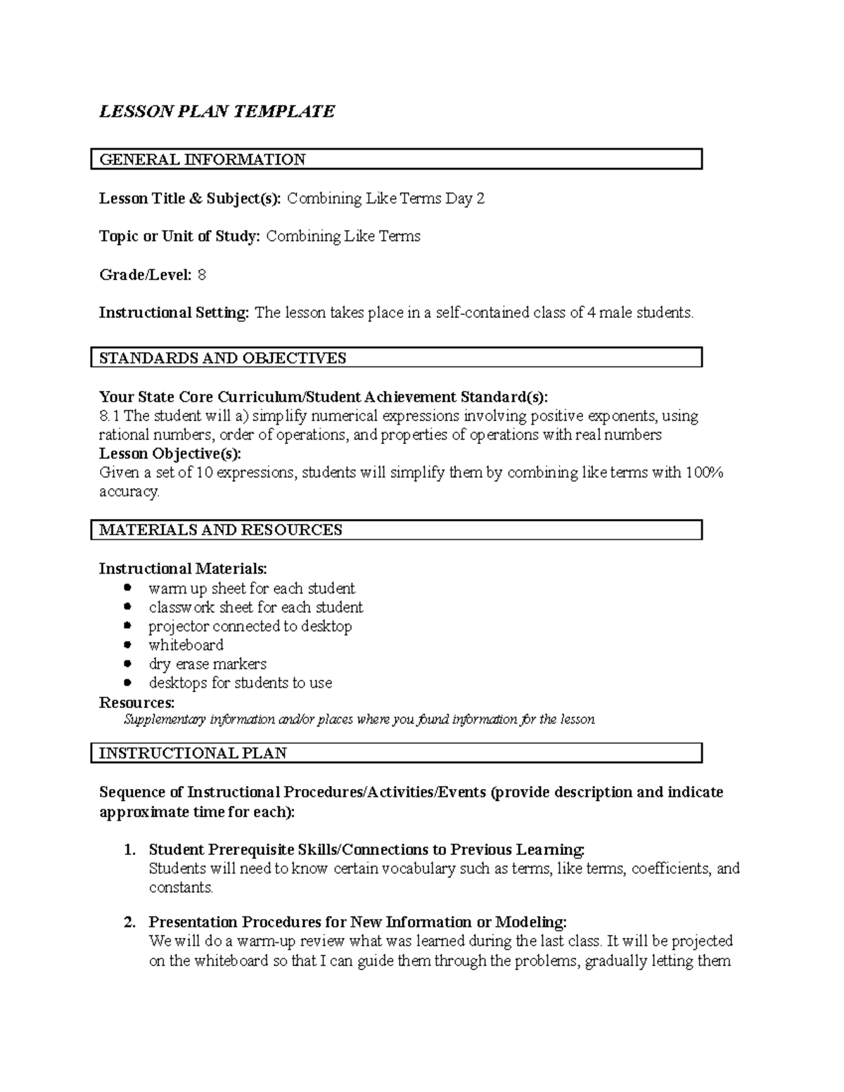 A2 lesson plan 2018 09 24 - LESSON PLAN TEMPLATE GENERAL INFORMATION ...