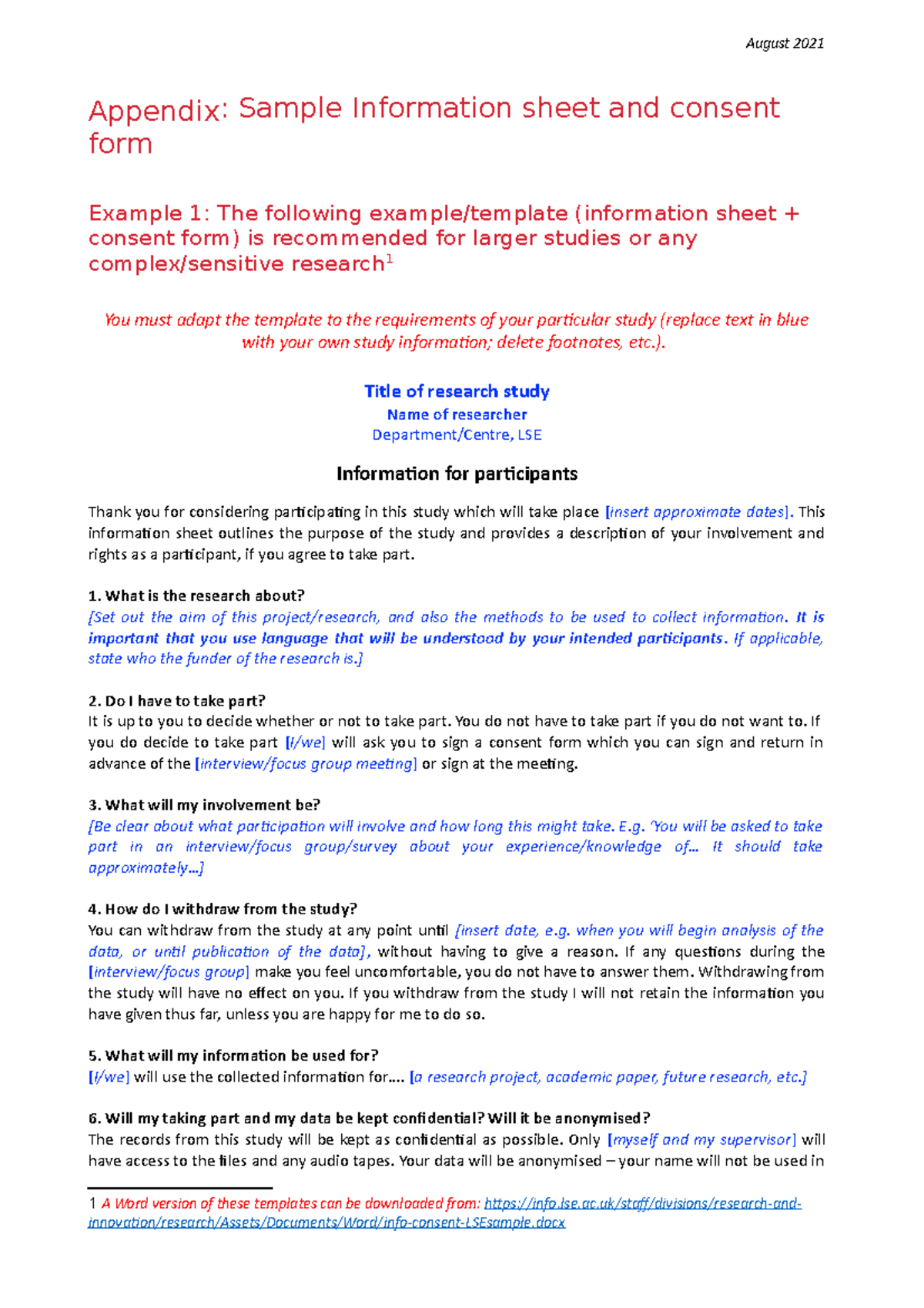 Info-consent-LSEsample - August 2021 Appendix: Sample Information sheet ...