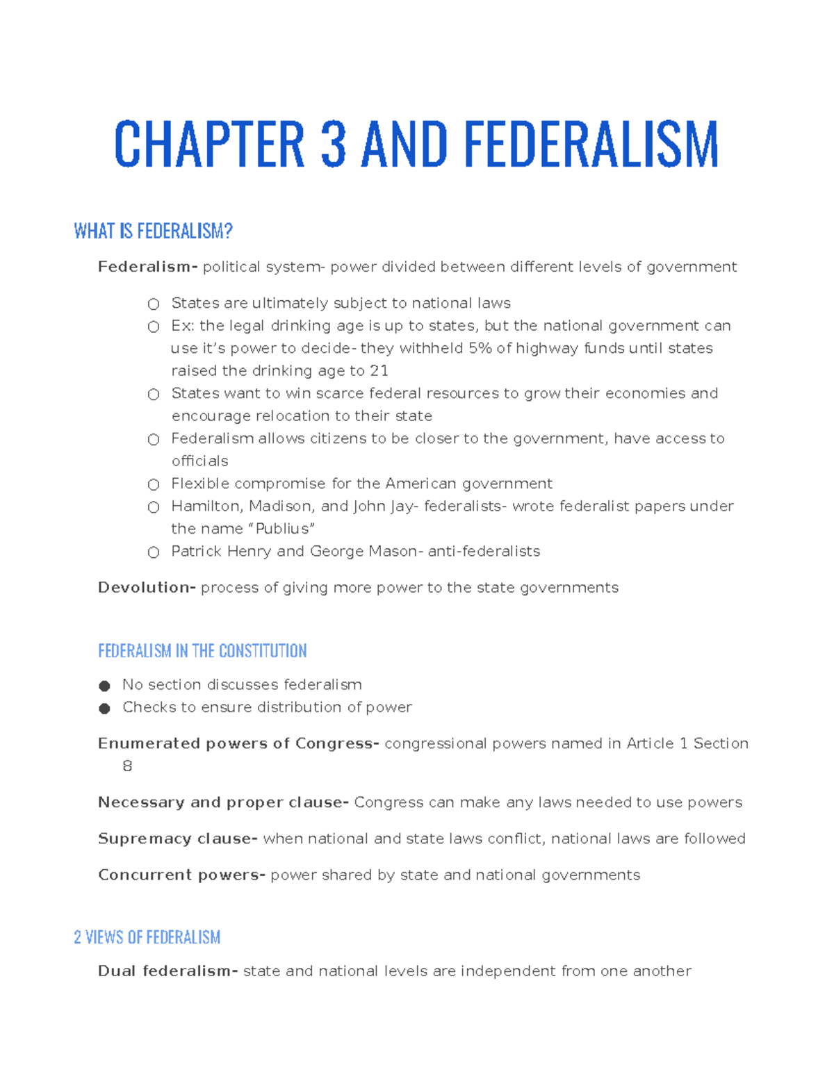 Chapter 3 and Federalism Notes - CHAPTER 3 AND FEDERALISM WHAT IS ...
