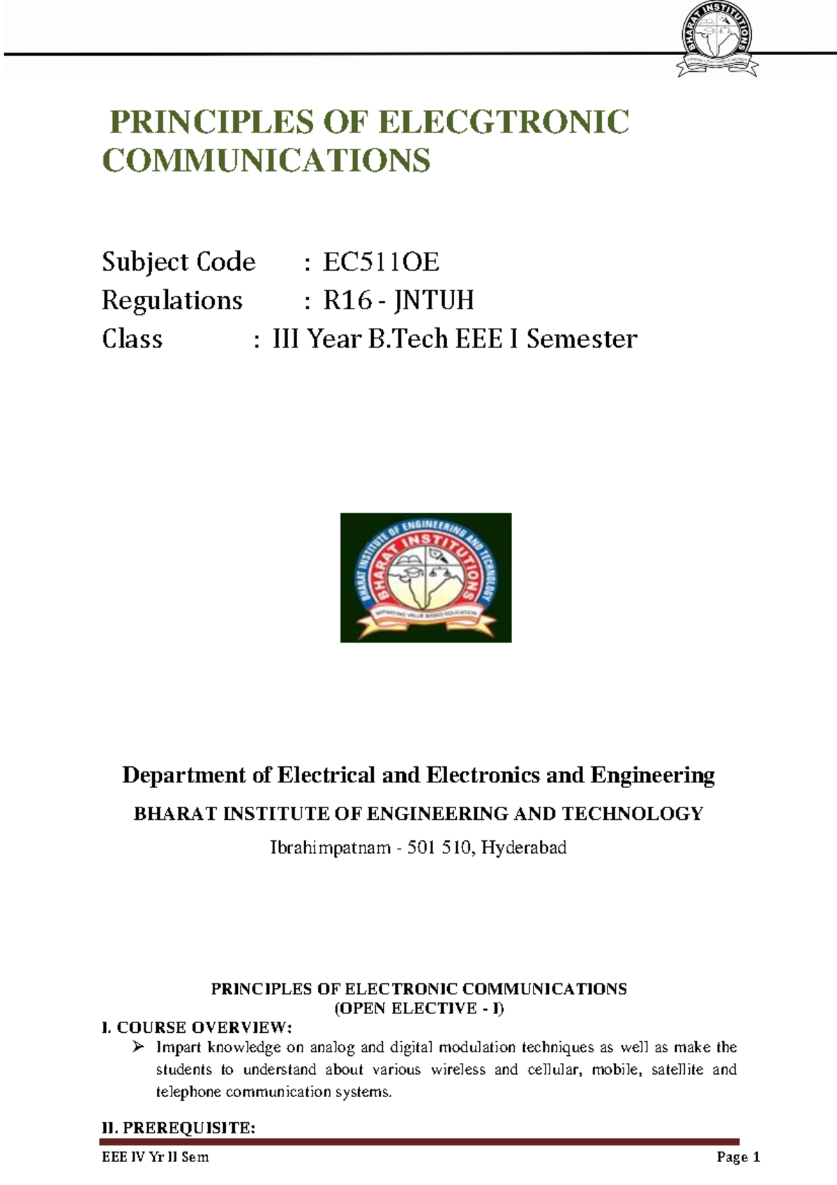 EEE-PEC - EEE IV Yr II Sem Page 1 PRINCIPLES OF ELECGTRONIC COMMUNICATIONS Subject Code ...