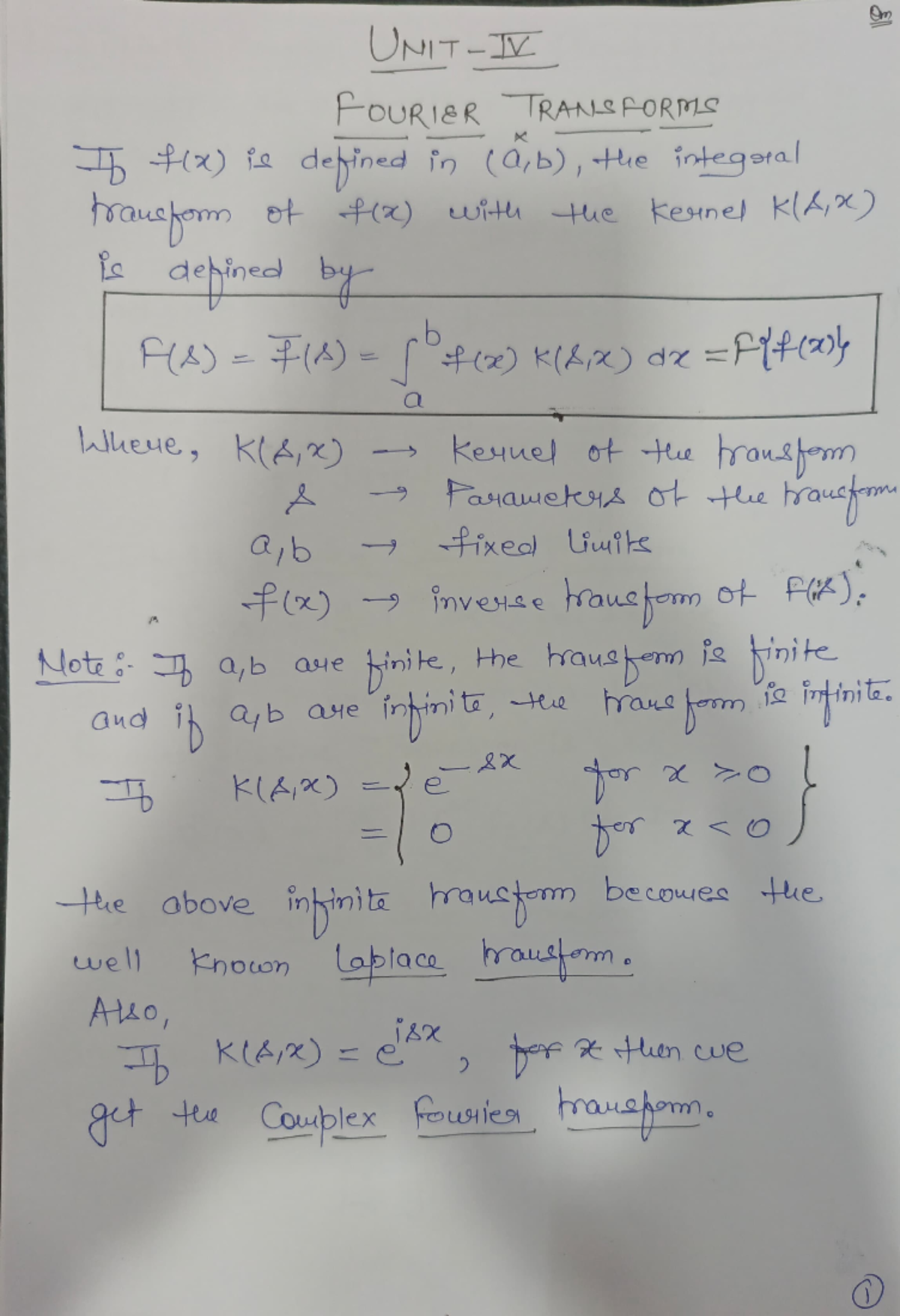 Unit 4 Fourier Transform Notes - On UNIT IV FOURIER TRANSFORMS x If f(x ...