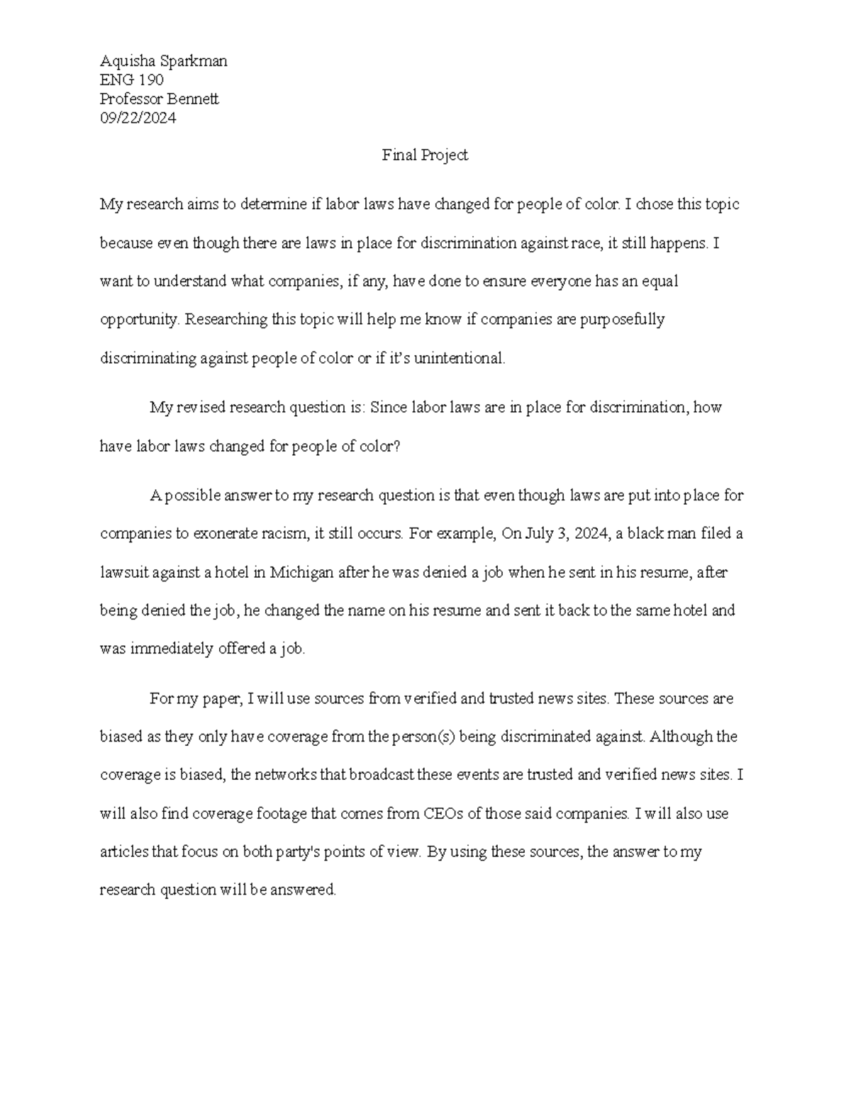 Eng 190 Final Project - ENG 190 Professor Bennett 09/22/ Final Project ...