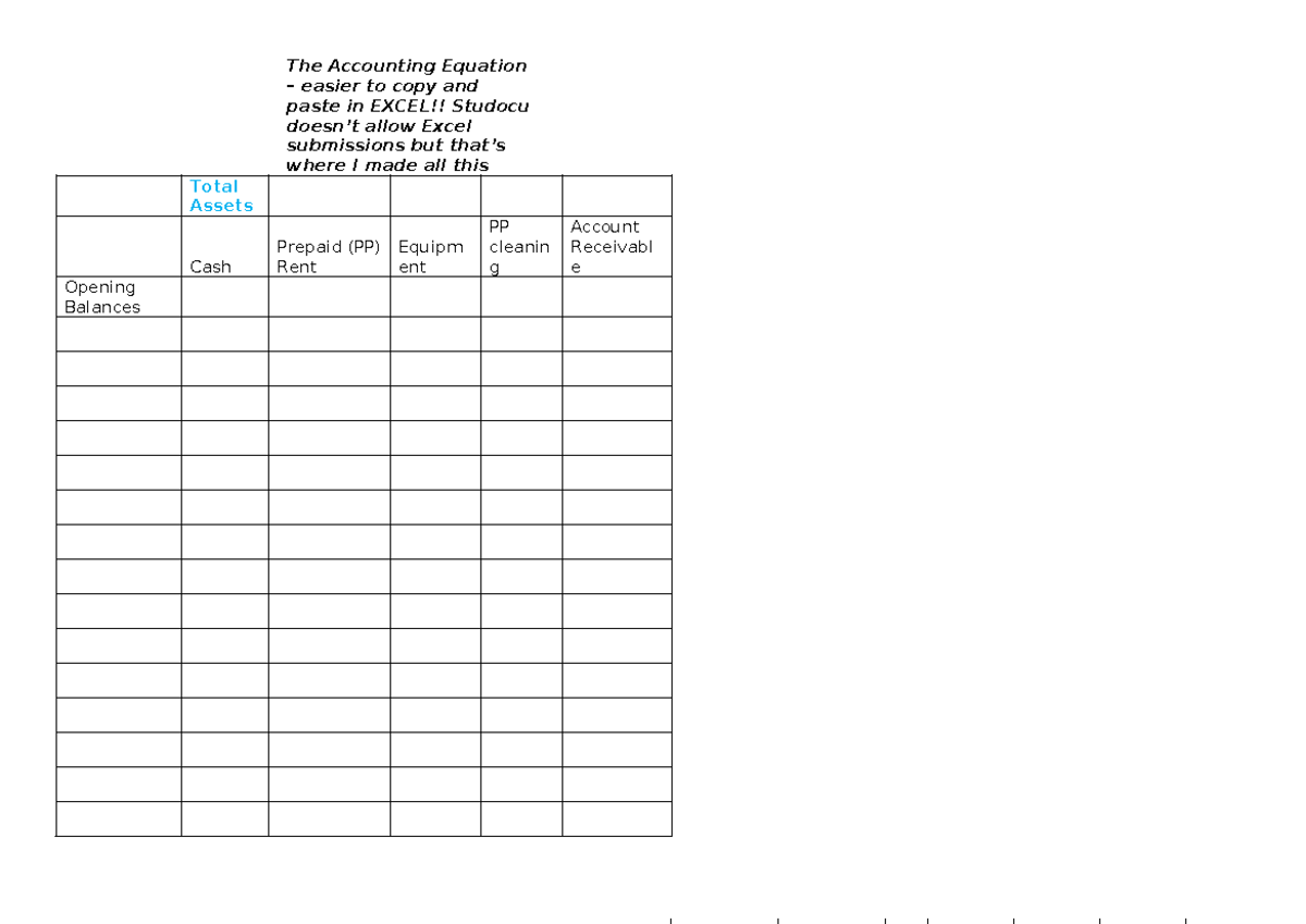 ACFI1001 Accounting Equation + All Statements fill-in sheet - The ...