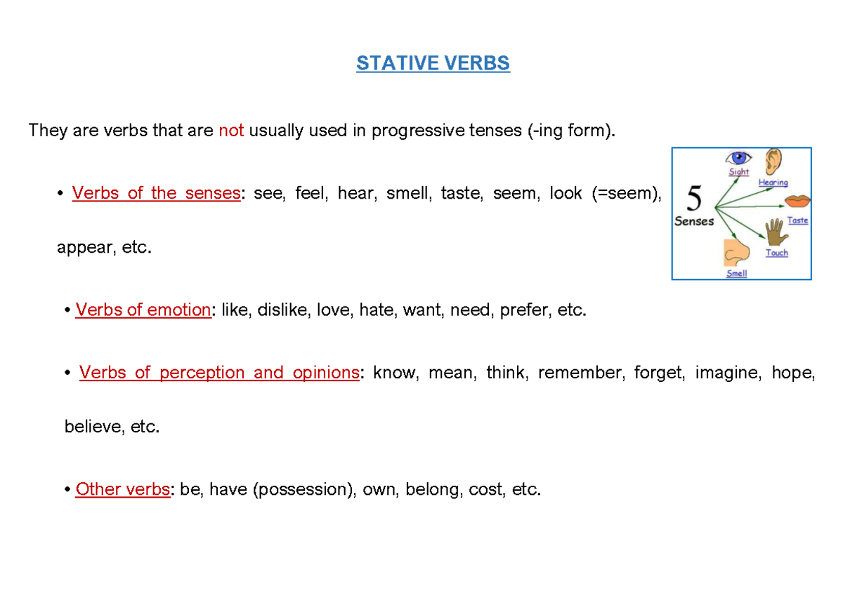 Stative Verbs - Ingles - STATIVE VERBS They are verbs that are not ...