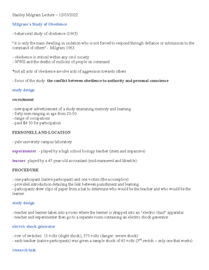 Test 4 - Milgram - Test 4 – Milgram Lecture Questions What was the ...