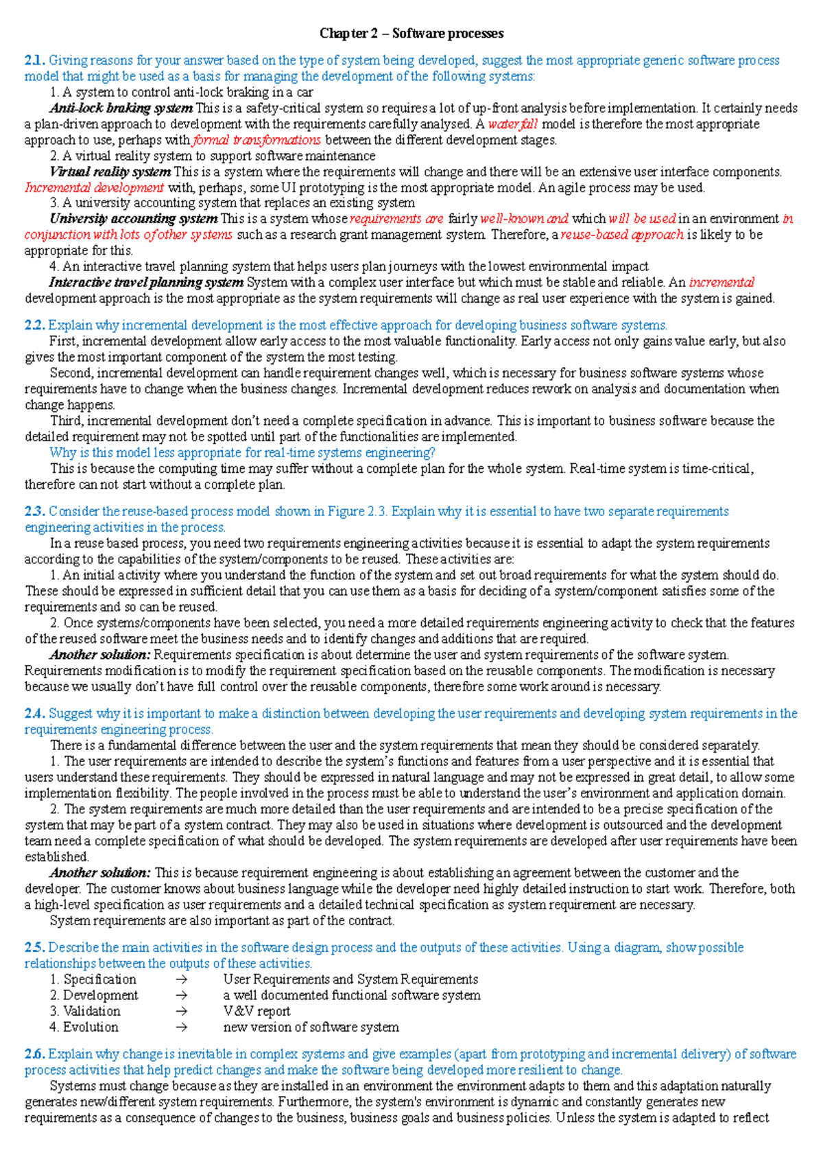 Software Engineering Chapter 2 - Chapter 2 – Software processes Giving reasons for your answer ...