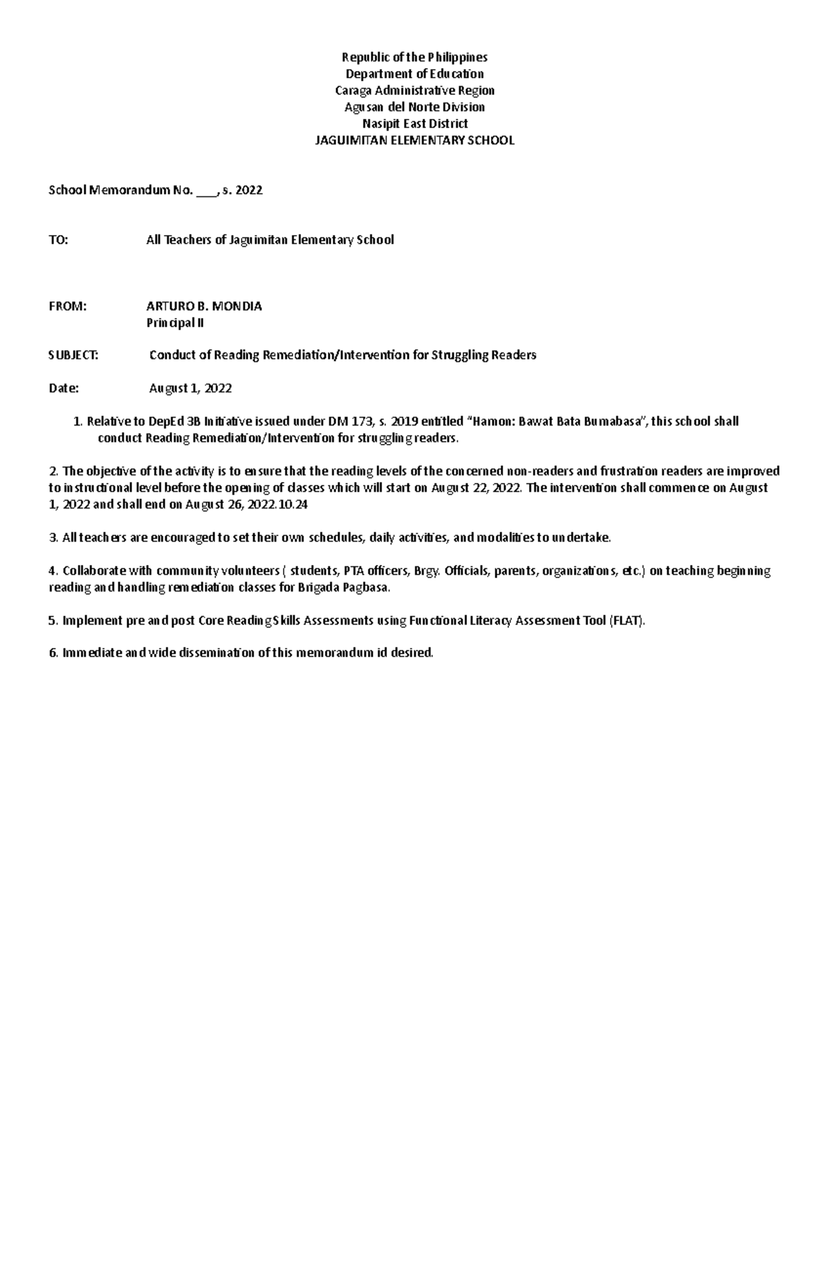 School Memo Brigada Pagbasa - Republic of the Philippines Department of ...