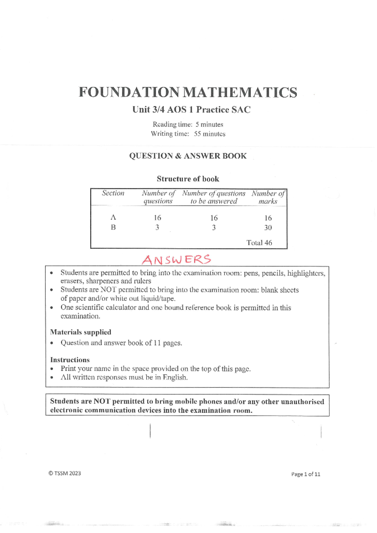 FM 3 4 AOS1 Practice SAC solutions 2024 - FOUNDATION MATHEMATICS Unit ...
