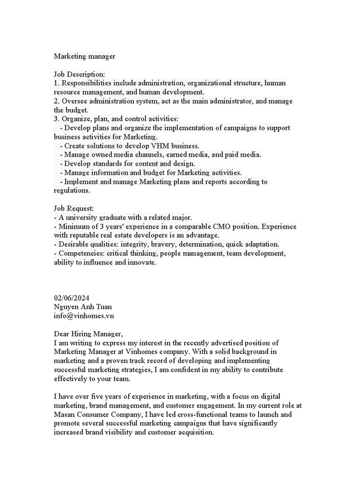 Task 3 - TASK FROM SUBJECT - Marketing manager Job Description: Responsibilities include - Studocu