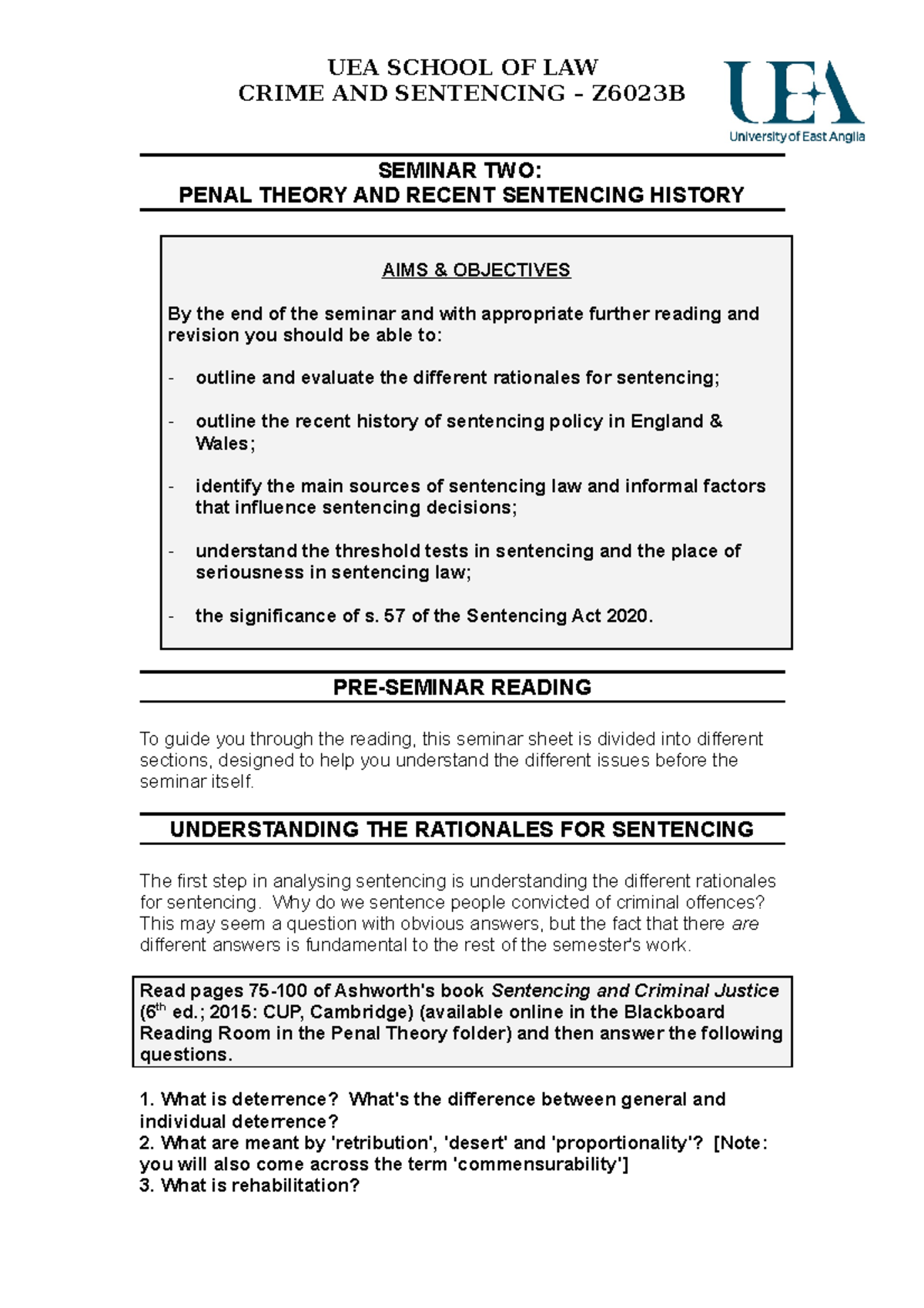 Seminar 2 - SEMINAR TWO: PENAL THEORY AND RECENT SENTENCING HISTORY ...