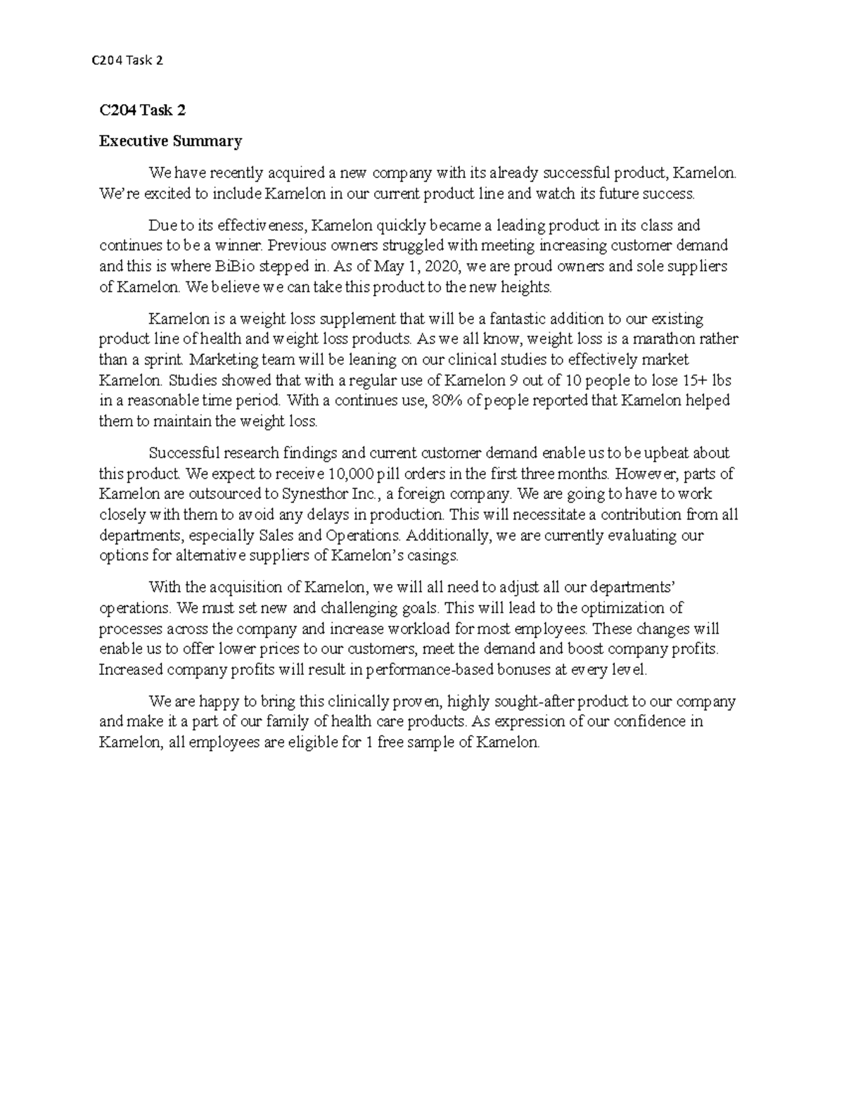 C204 Task 2 Executive Summary PASS - C204 Task 2 C204 Task 2 Executive ...