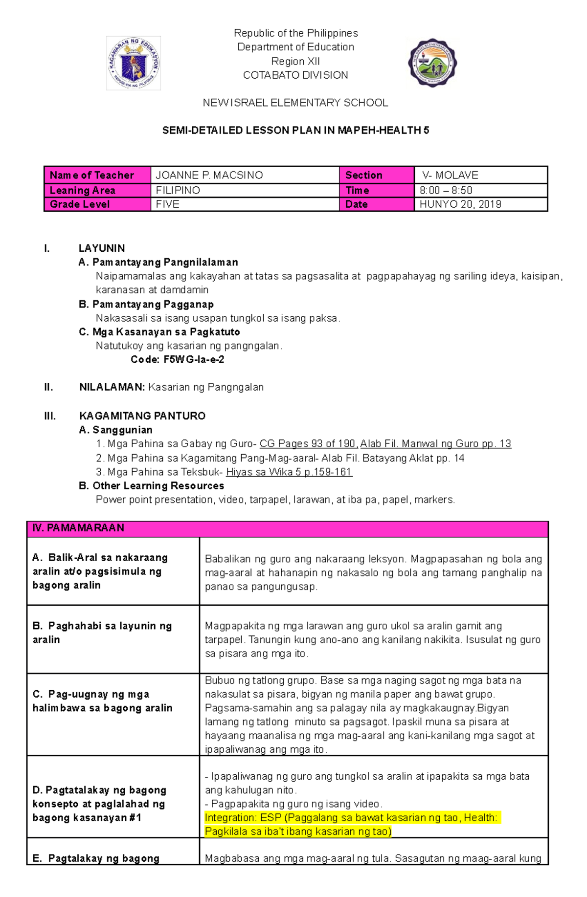 COT Mapeh Health DLP 2019-2020 - Republic of the Philippines Department ...