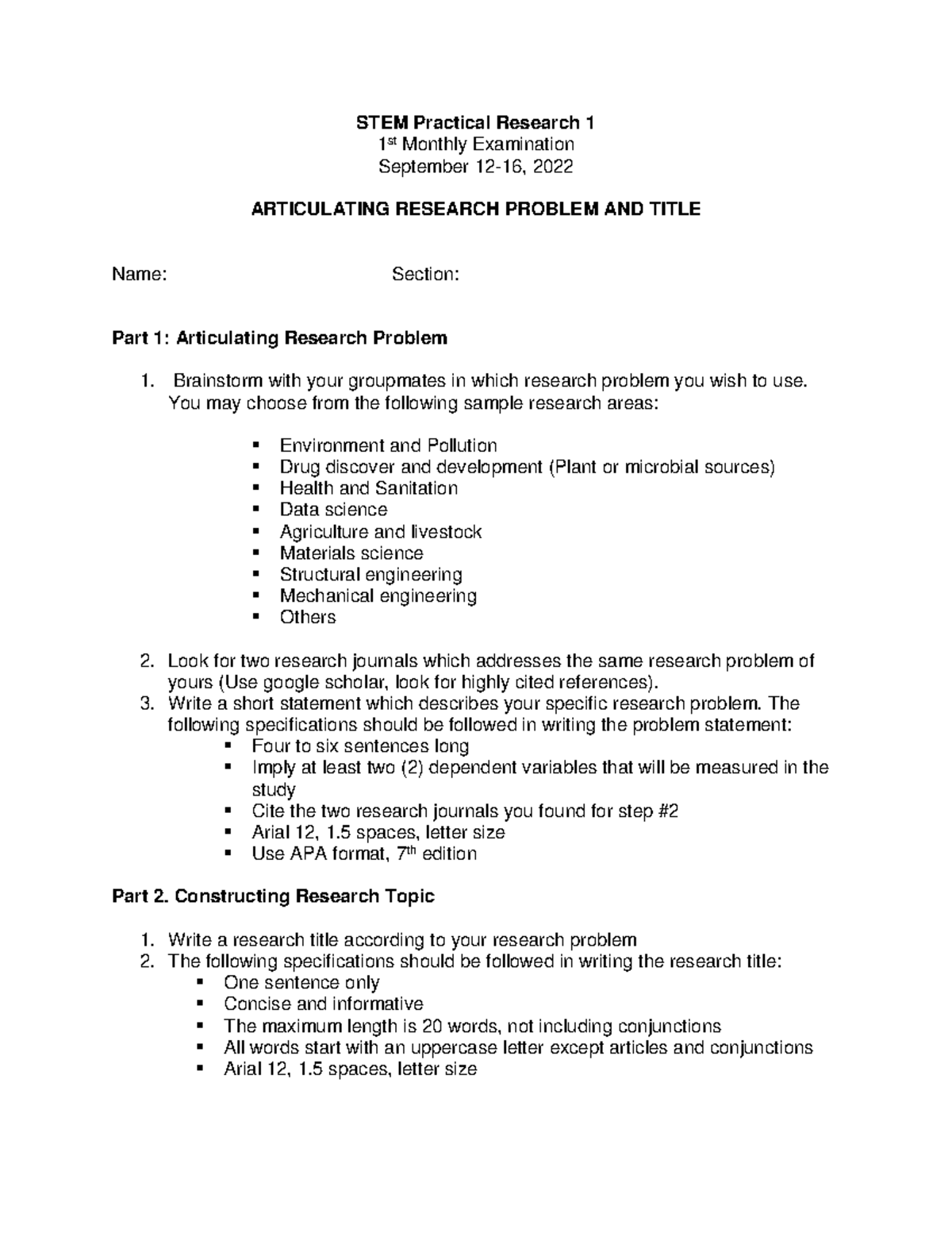 STEM Practical Research 1 Practical Monthly Exam - STEM Practical Research 1 1 st Monthly - Studocu