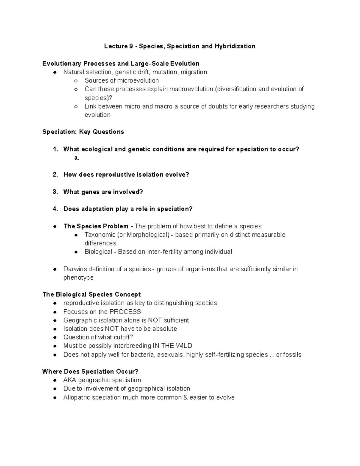 BIO Unit 2 - unit 2 lecture notes - Lecture 9 - Species, Speciation and ...