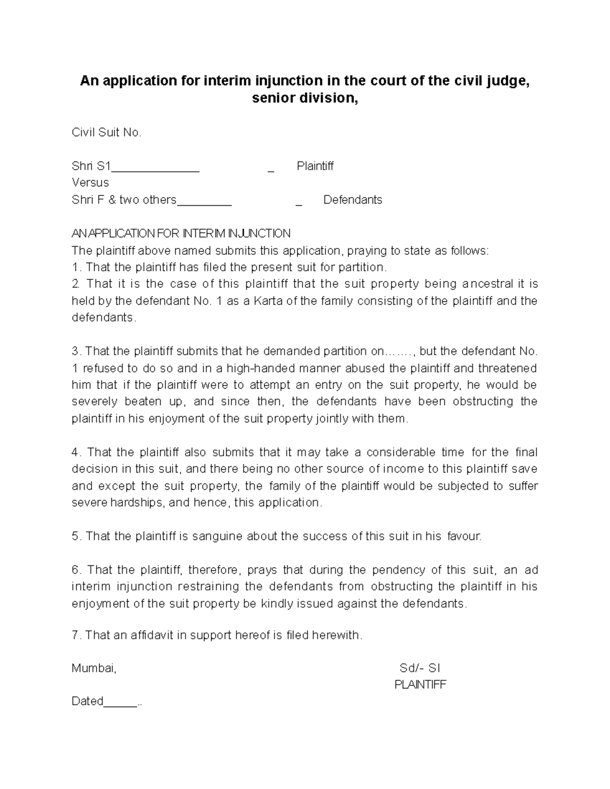 An Application For Interim Injunction In The Court Of The Civil Judge