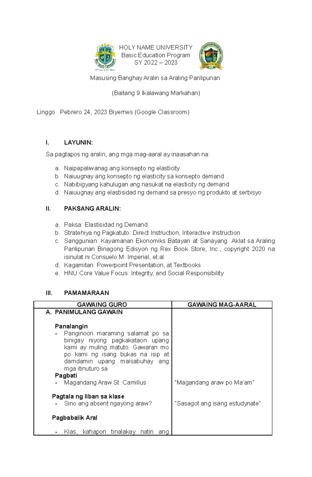 ST. Camillus LP 3 - Lesson plan, formative test, motivation. - HOLY ...