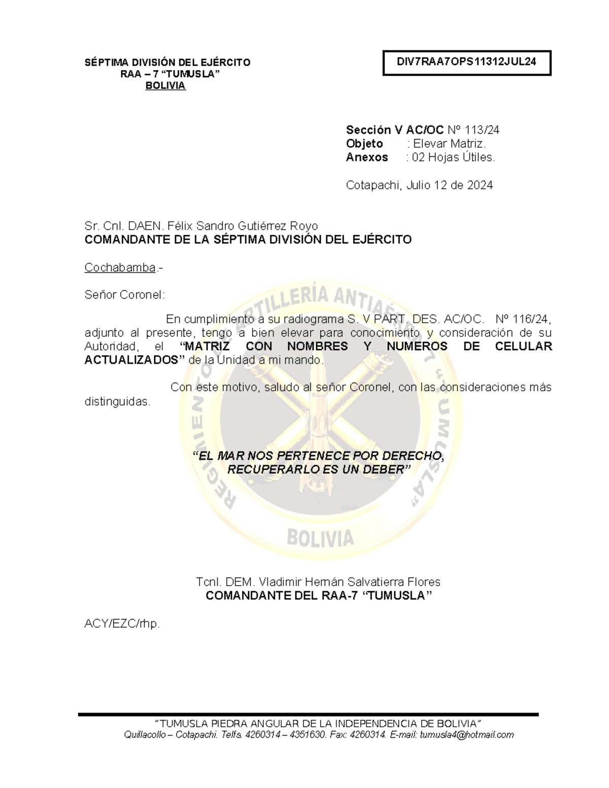 0.1 Oficio Numeros DE Celulares - SÉPTIMA DIVISIÓN DEL EJÉRCITO RAA – 7 “TUMUSLA” BOLIVIA ...