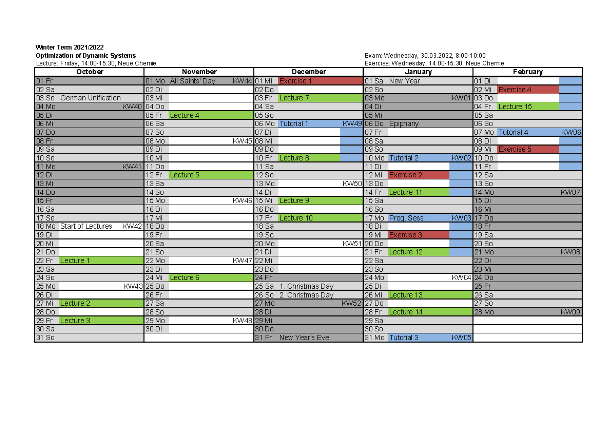 ODS Schedule WT21-22 - Optimization of Dynamic Systems - KIT - Studocu
