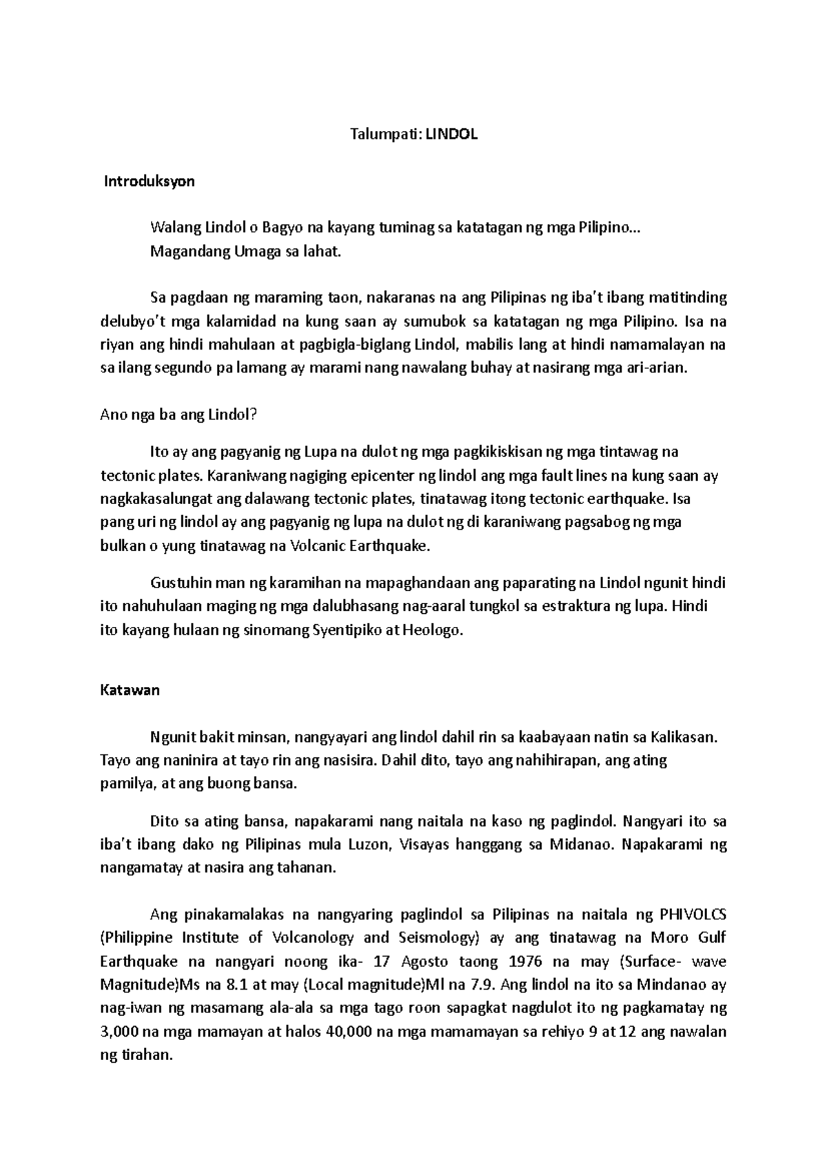 Talumpati-Lindol - Talumpati-Lindol - Talumpati: LINDOL Introduksyon ...