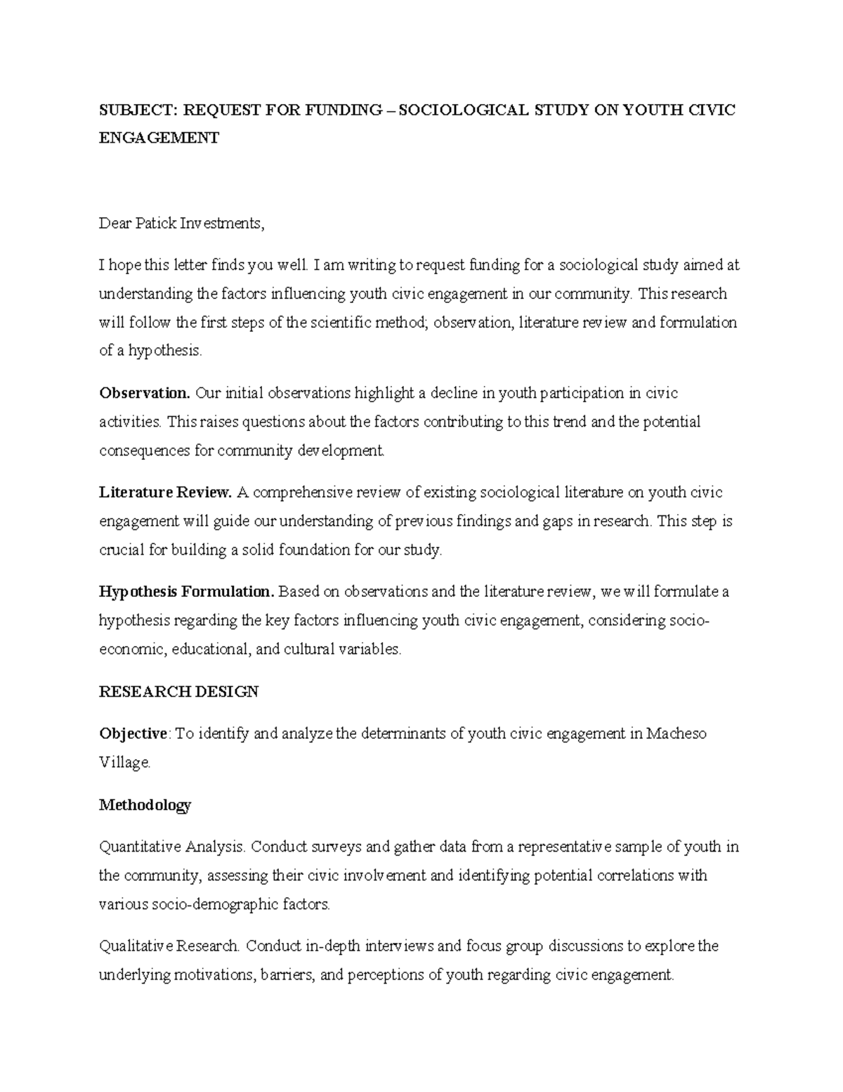 Assignment - hello - SUBJECT: REQUEST FOR FUNDING – SOCIOLOGICAL STUDY ...