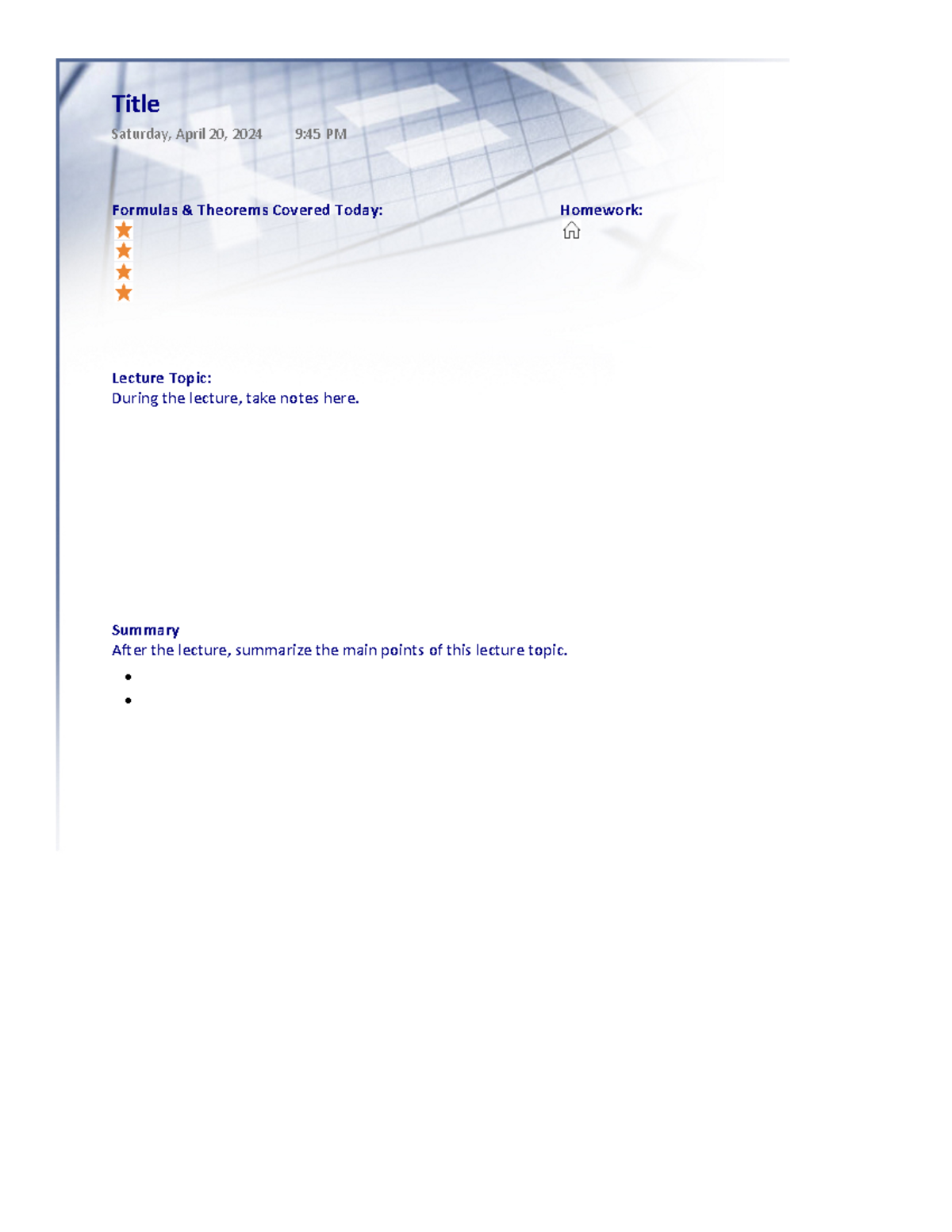 Notes - bbbbbbb - 14336-178 - Formulas & Theorems Covered Today ...
