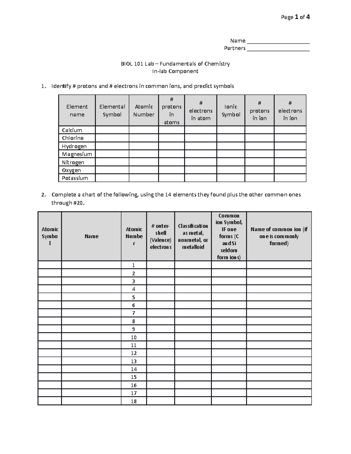 Hardy BIO101 Week 2 - Lab 02 Chemistry - in-lab activity - Name ____________________ Partners ...