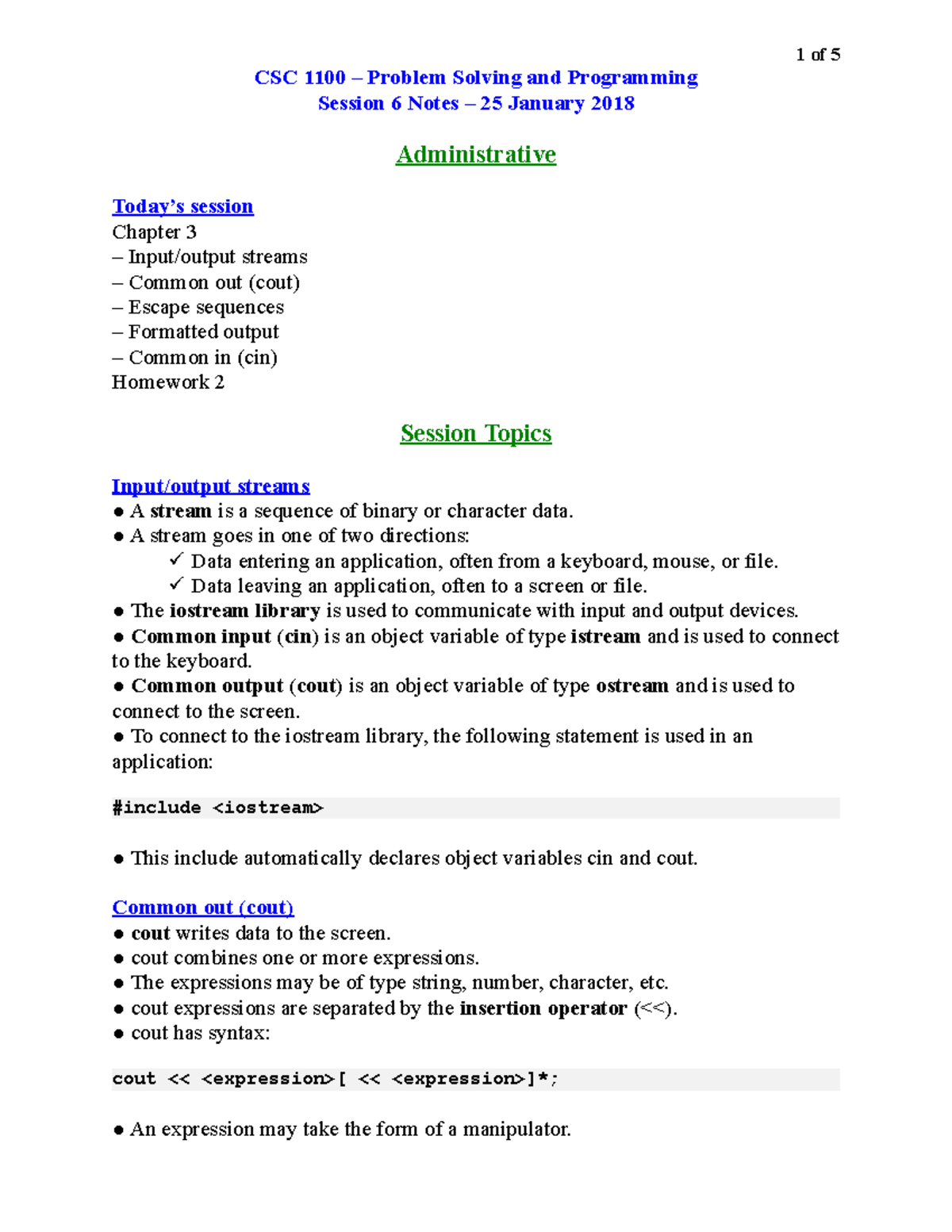 CSC1100 Dan O Session 06Notes 2018 0125 - 1 of 5 CSC 1100 – Problem ...