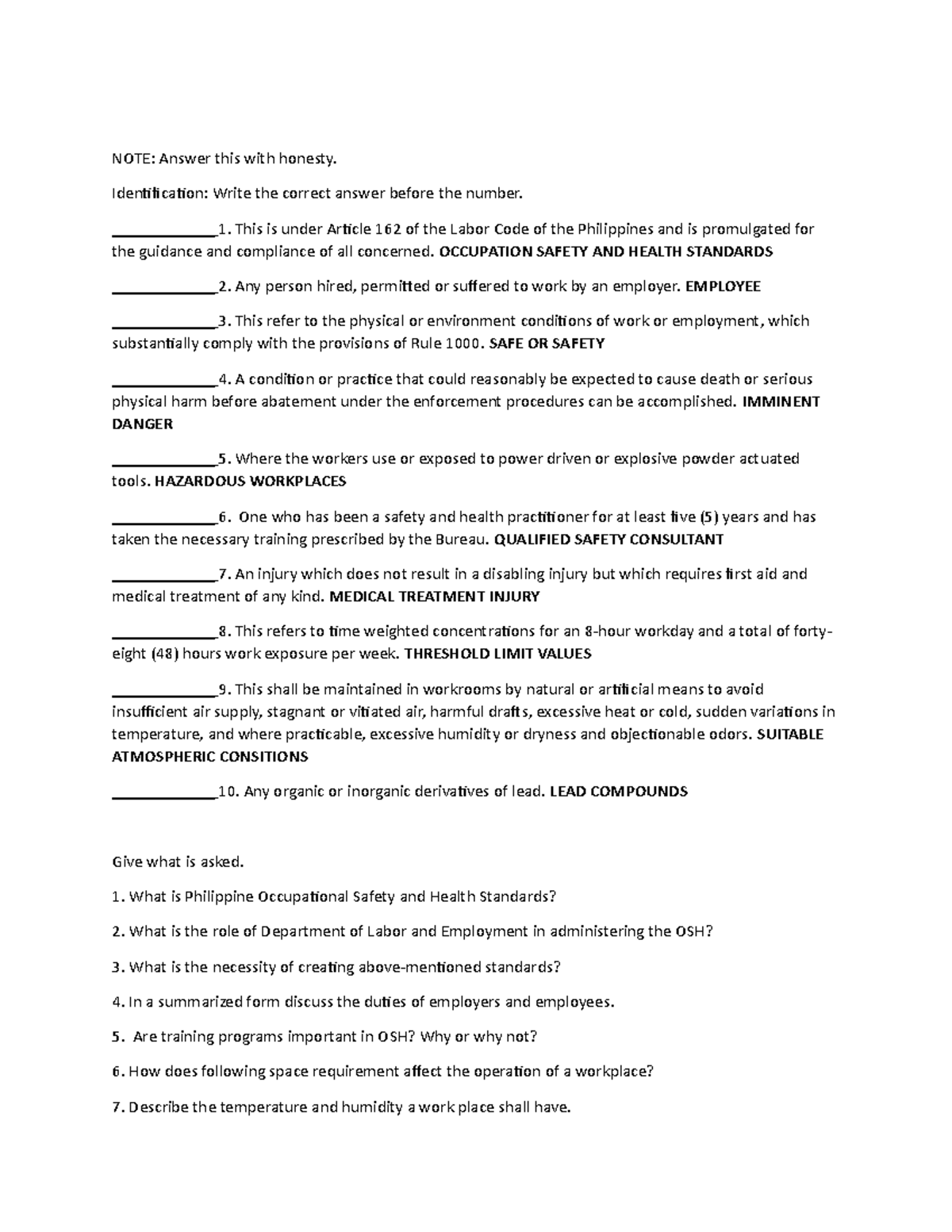 Exam-in-heath and safety - NOTE: Answer this with honesty ...