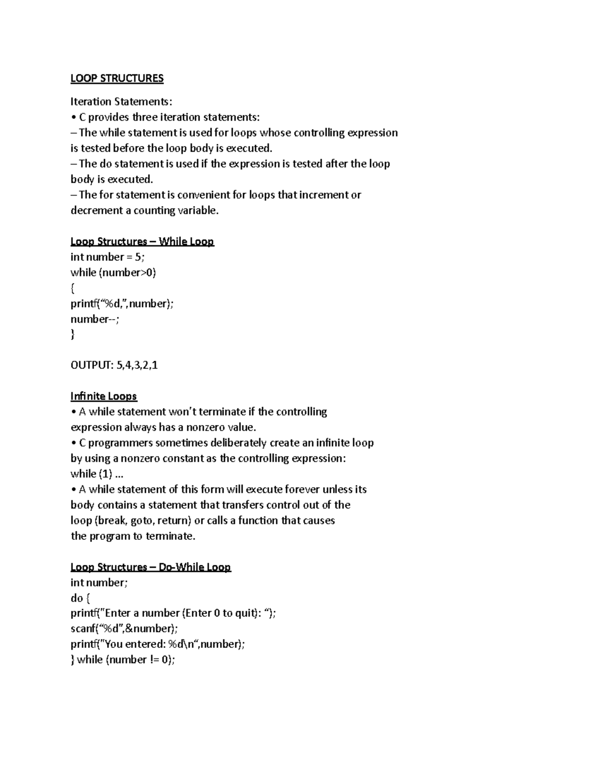 Loop Structures Tech 104 Loop Structures Iteration Statements C