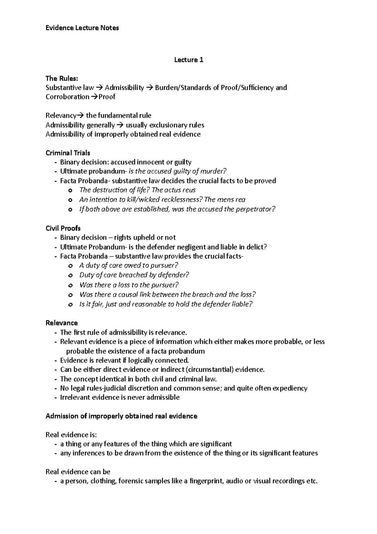 Lecture Notes - Lecture 1 The Rules: Substantive law Admissibility ...