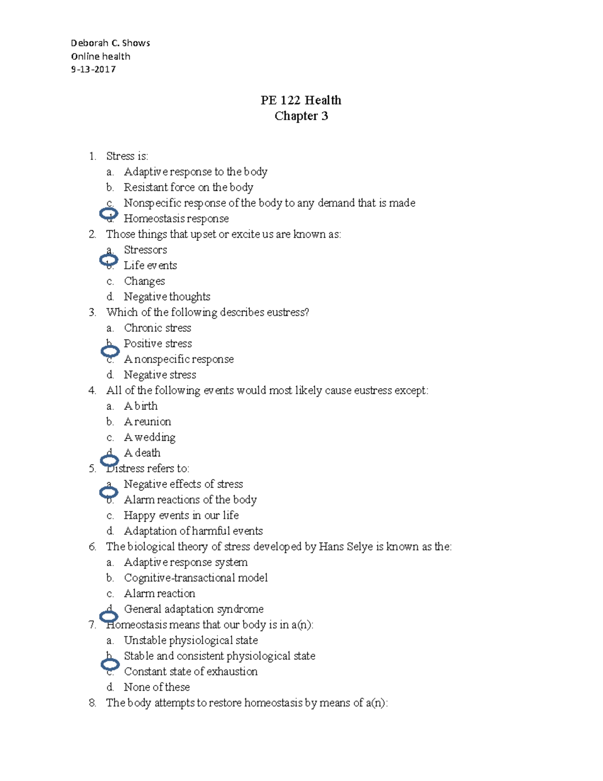 Chapter 3 online health - Deborah C. Shows Online health 9-13- PE 122 ...