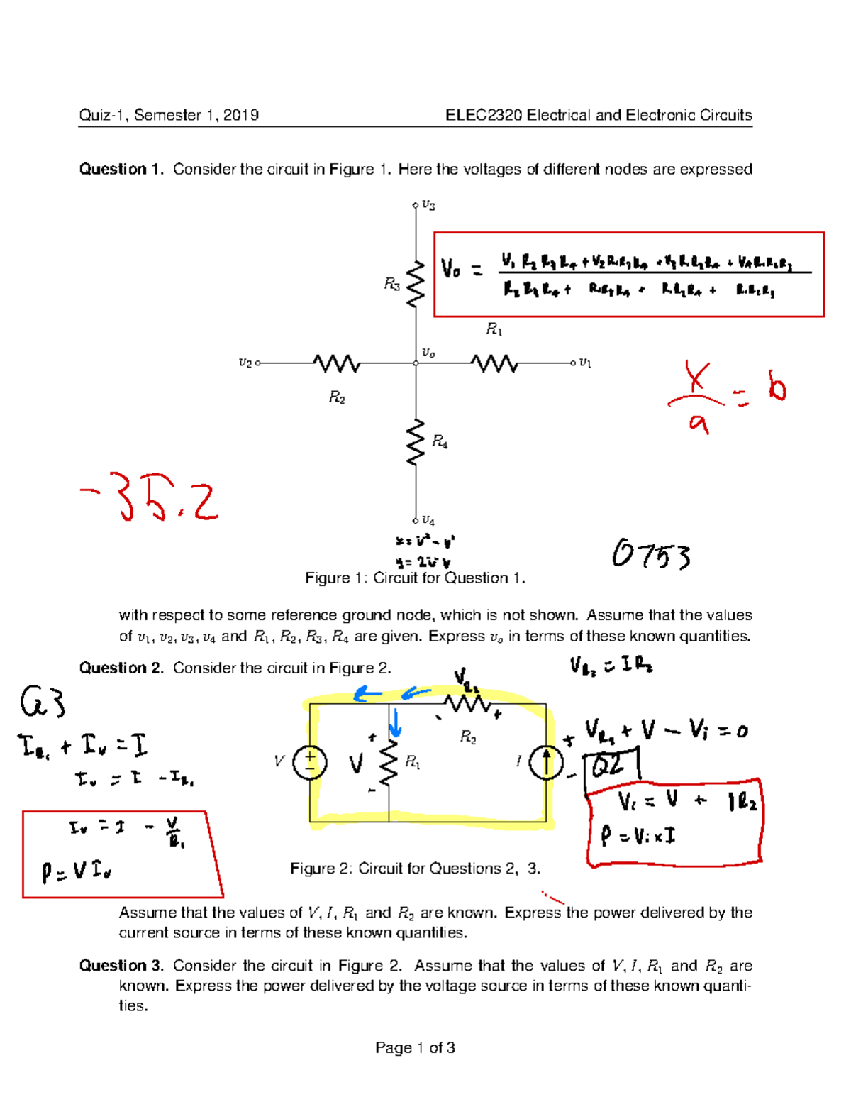 Quiz1 2 - First quiz of the semester - Question 1. Consider the circuit ...
